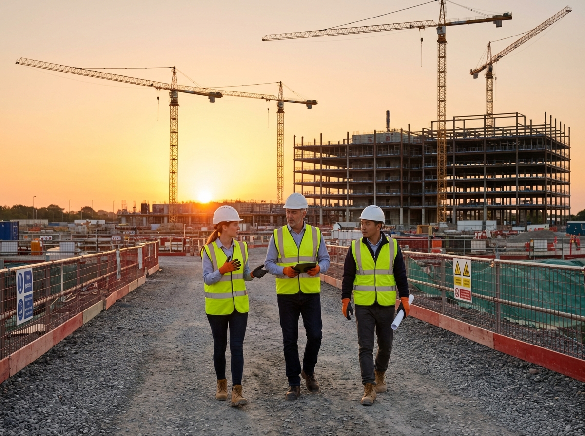 Please create an image of three workers walking alon...