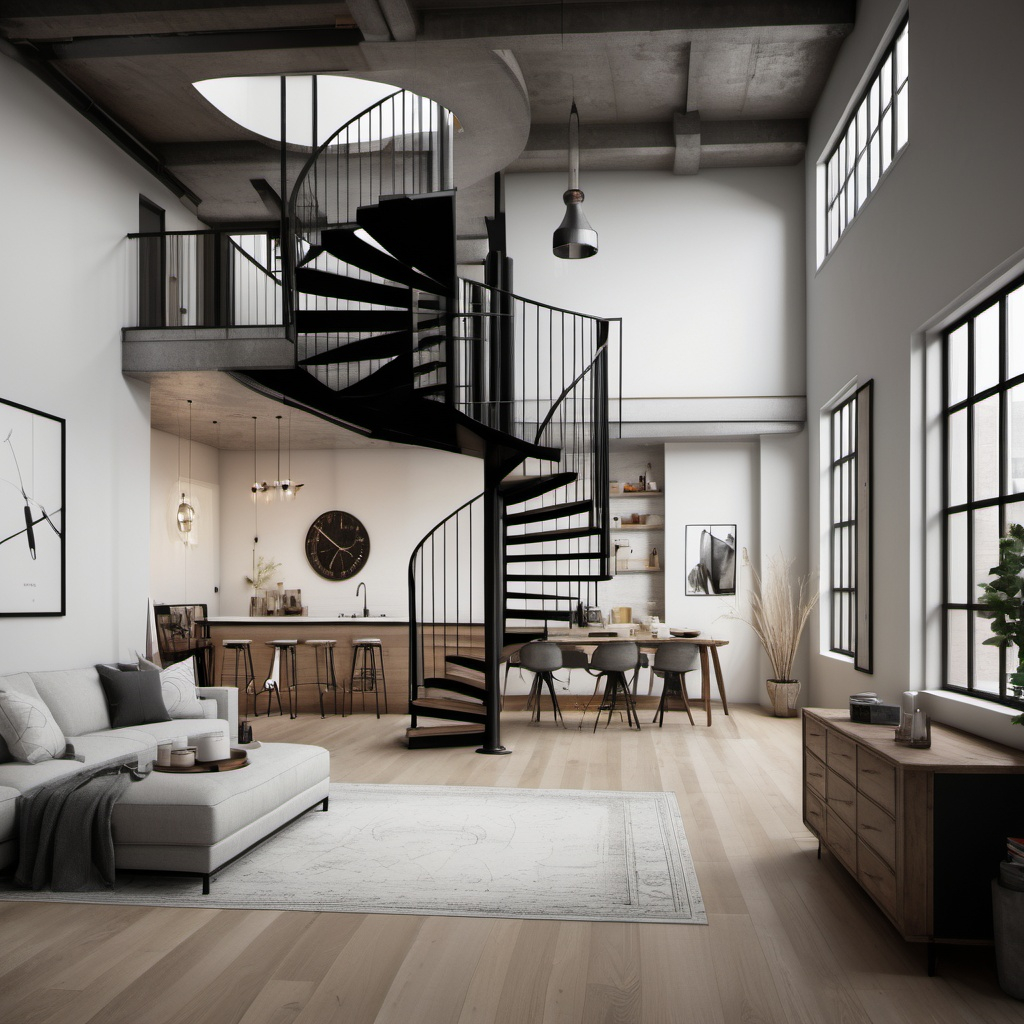 Modern loft floor plan with spiral staircase and ope...