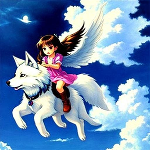flying wolf, sky, cloud, little girl on a flying wol... | OpenArt