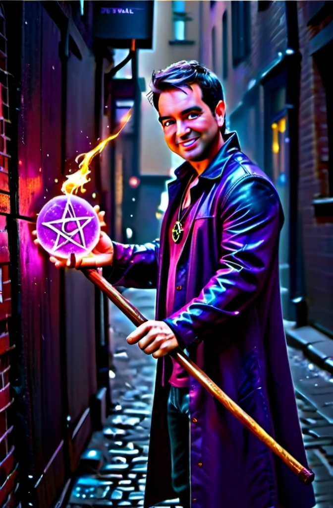 Modern wizard casting purple neon fireball, straight...