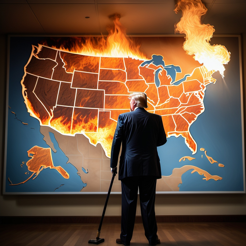 Donald Trump setting a large wall map of the United...