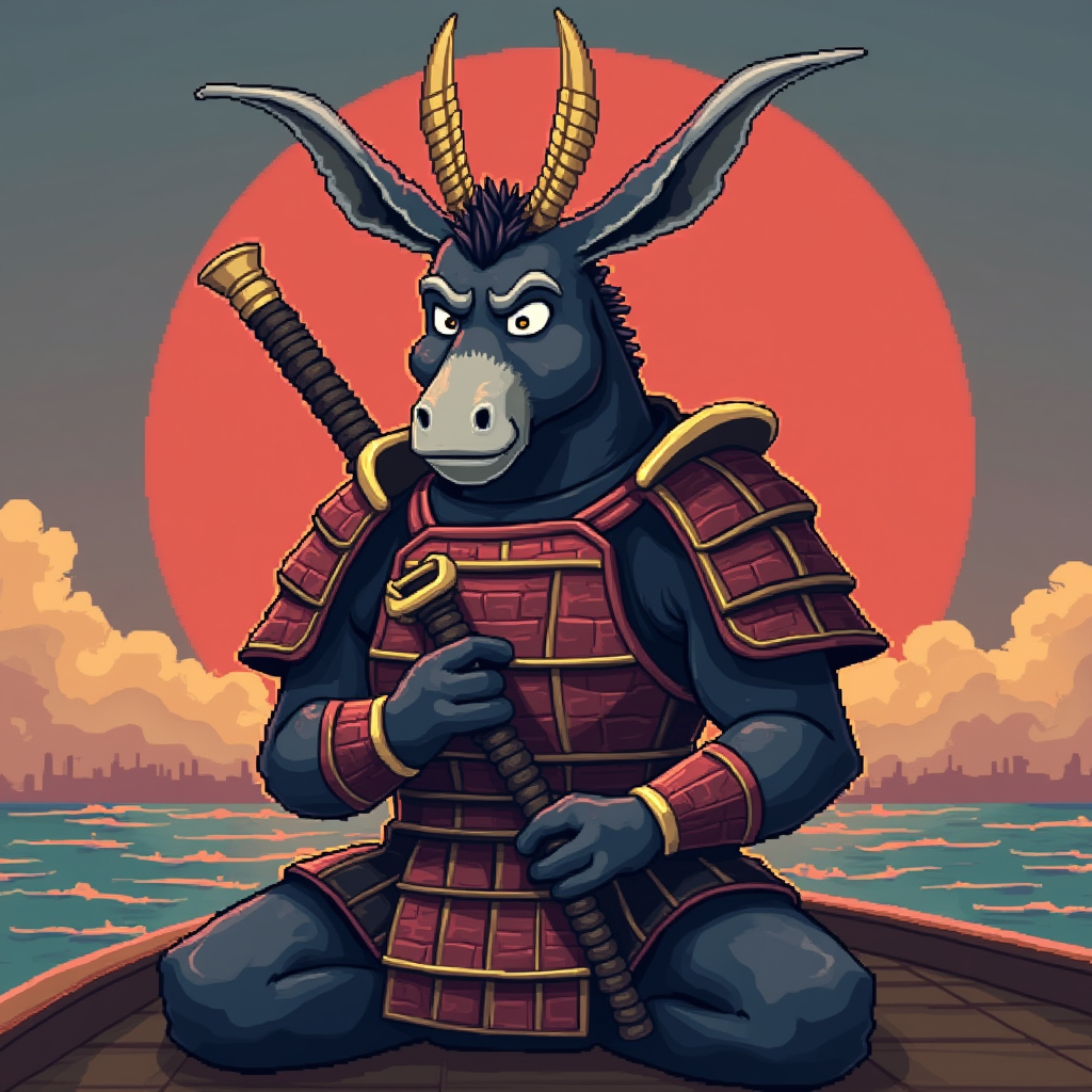 (created pixel art), donkey in samurai armor, lookin...