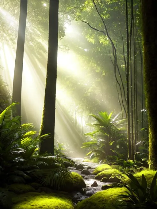rainforest, soft dramatic lighting, light shafts, ra...