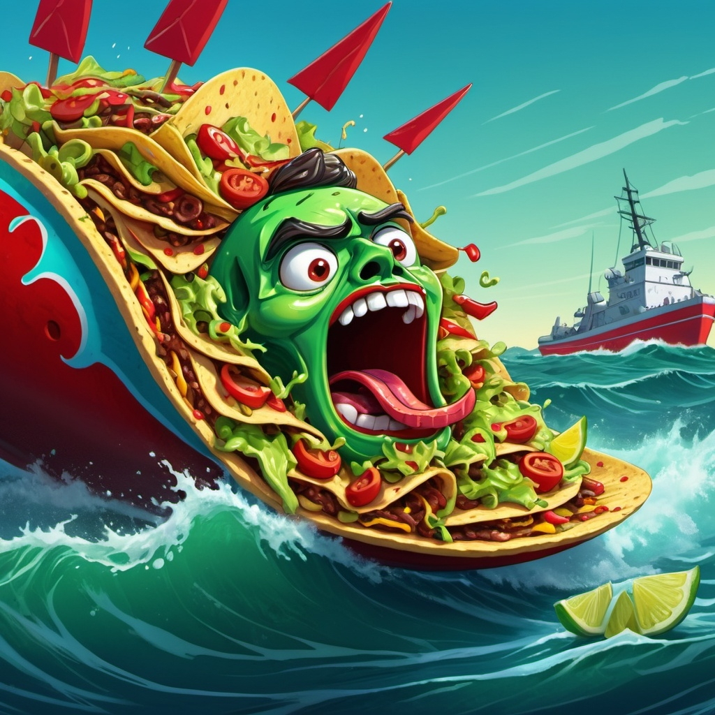 Draw me a picture of a vomiting Mexican taco on a ba...
