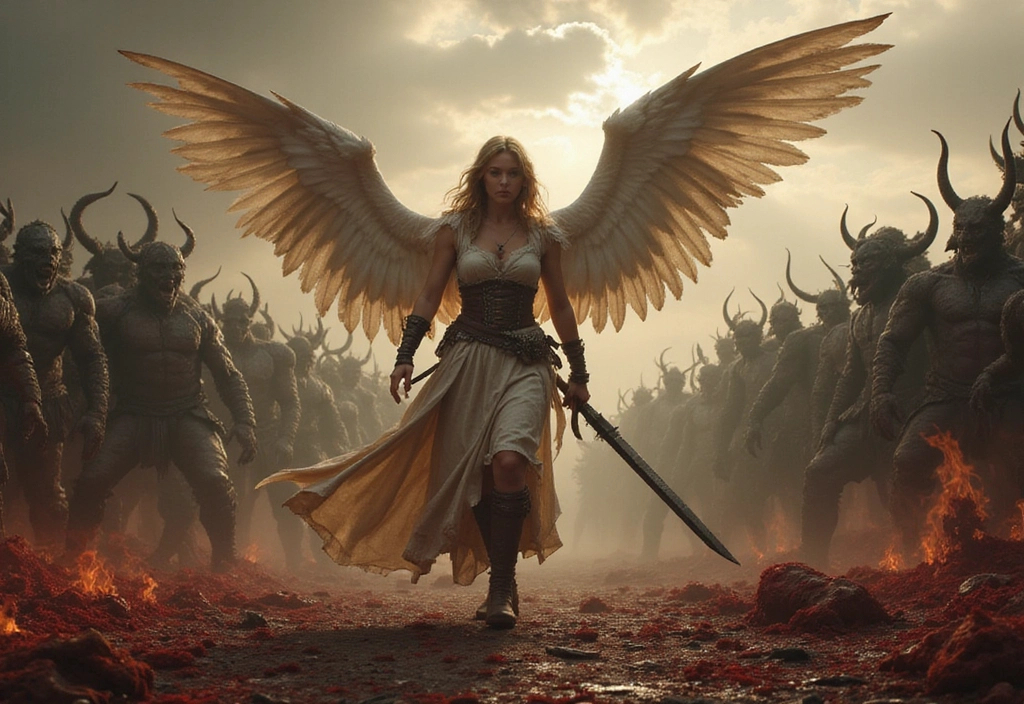 Gorgeous angel warrior fighting her way through hell...