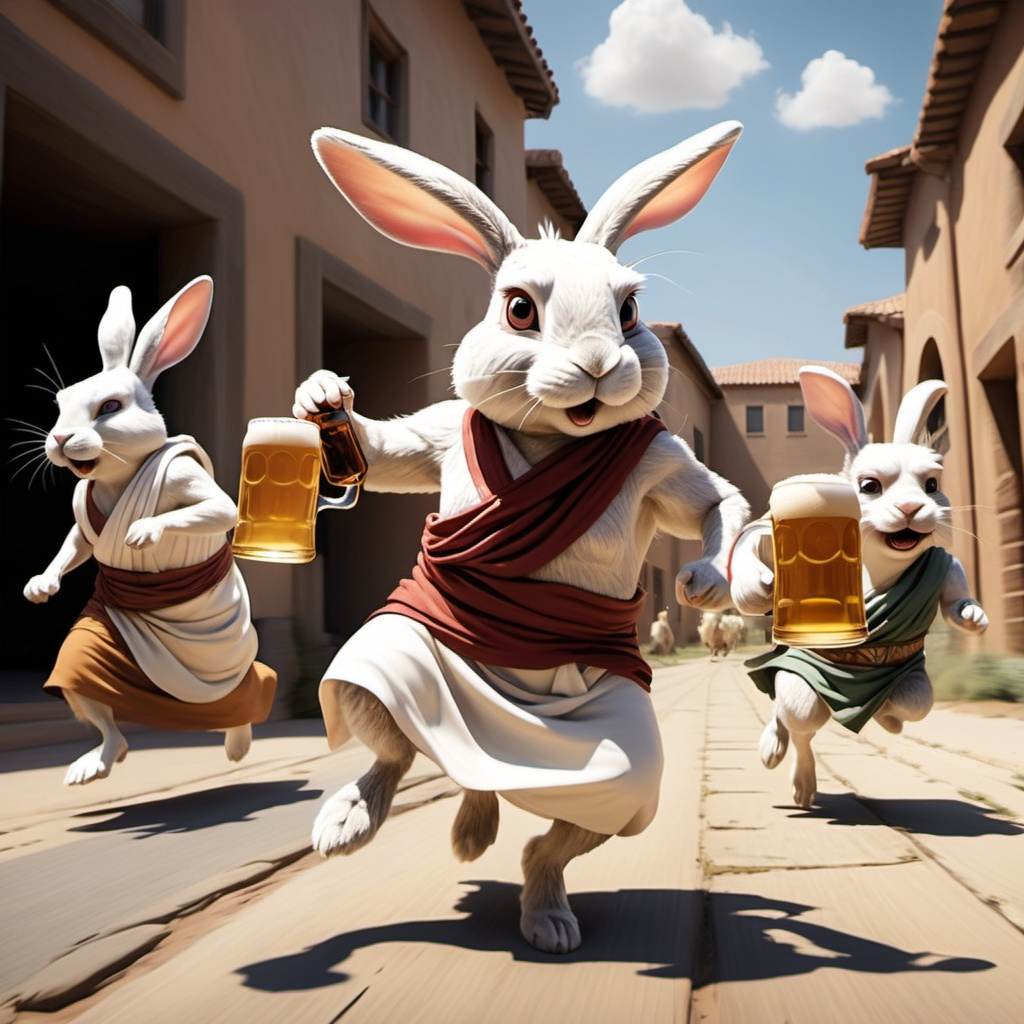 A rabbit with a beer wearing a toga is being chased...