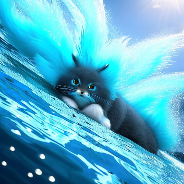 Cute, light blue fur, watery fur, water cat, possess... | OpenArt