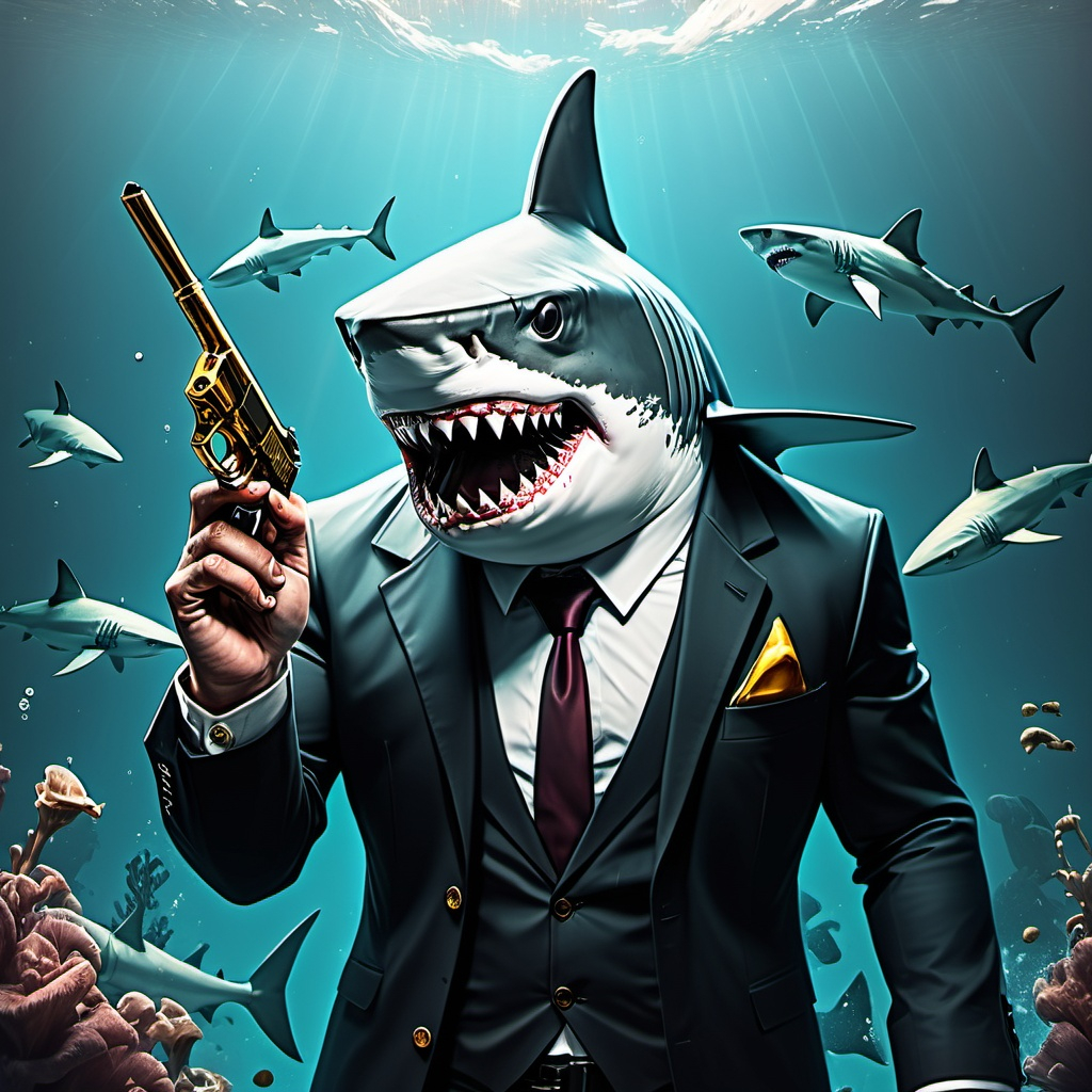 a shark as a hitman with smoking on and pistols and...