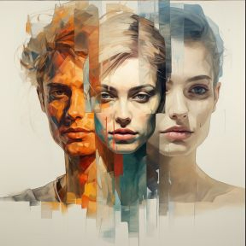 blend three distinct faces together: a central woman...
