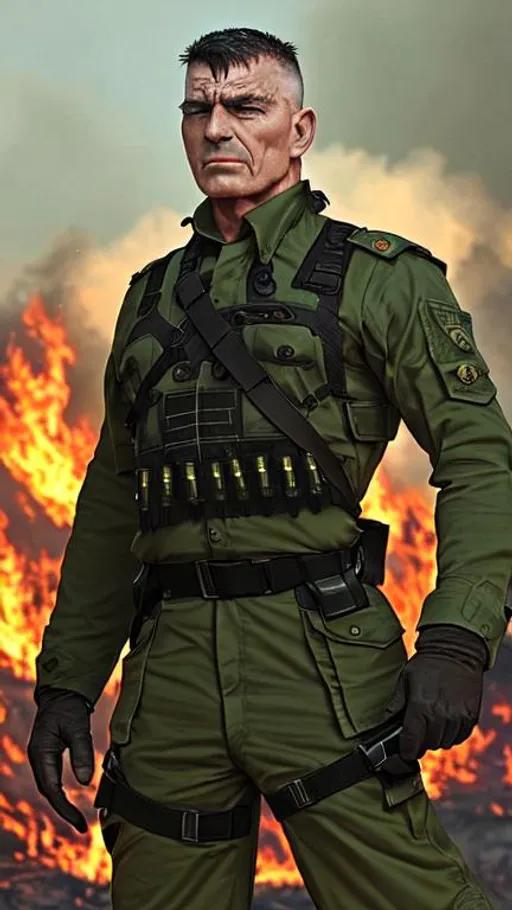 A lightly muscled facially scarred middle aged male...