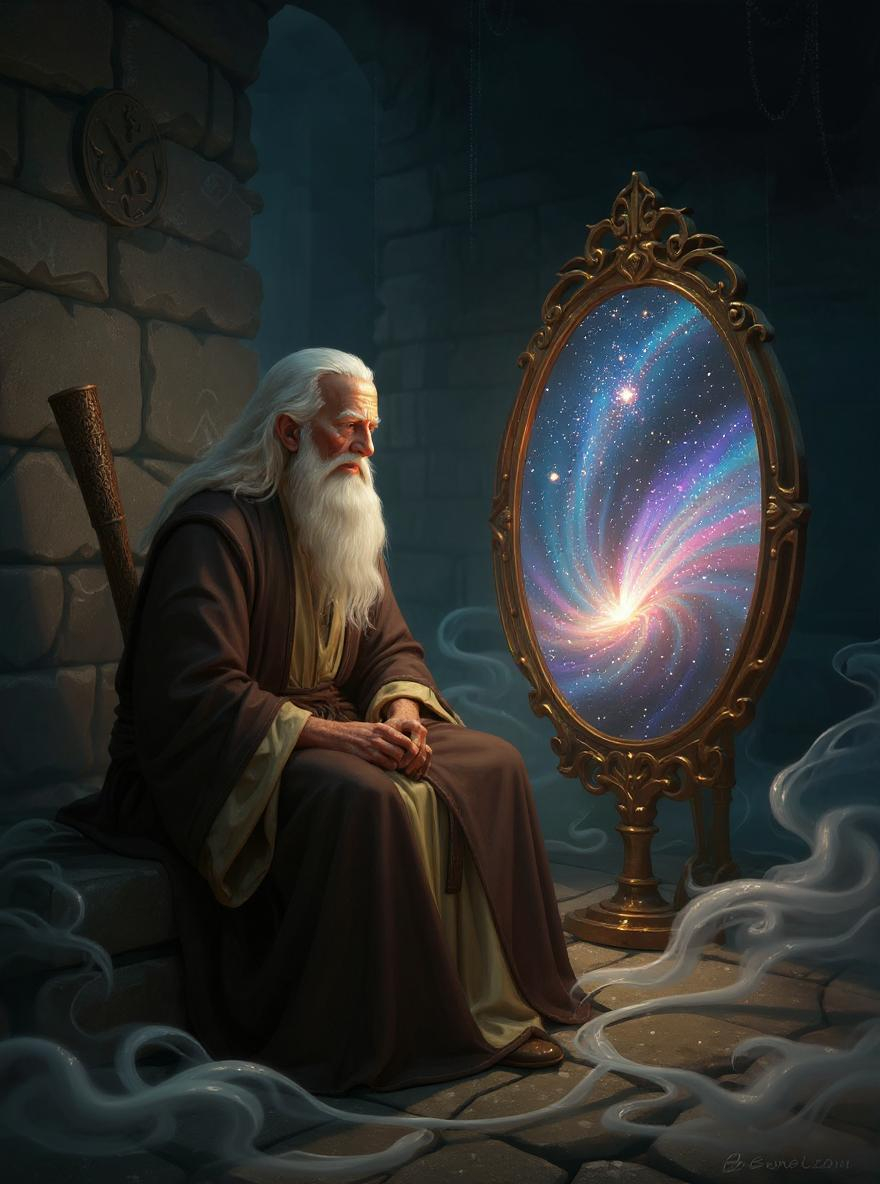 Wise Man reflected in surreal mirror vision, calm ex...