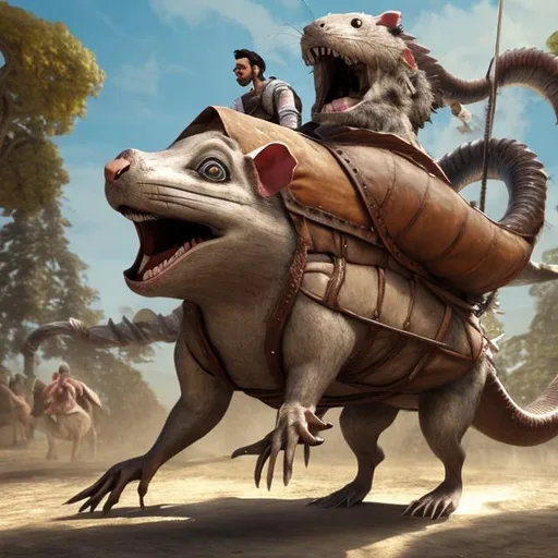a man riding a giant rat on a saddle