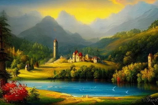 realistic medieval oil painting of beautiful scenery | OpenArt