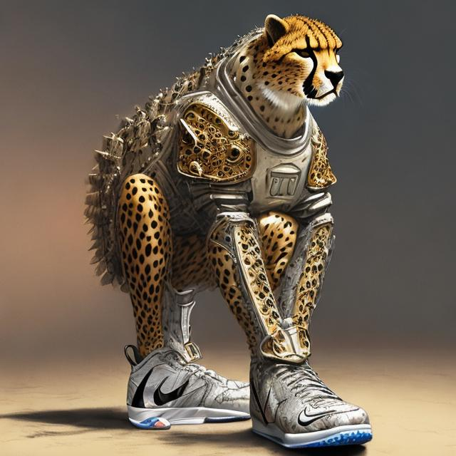 A paranoid cheetah wearing a suit of armor and Nike'...
