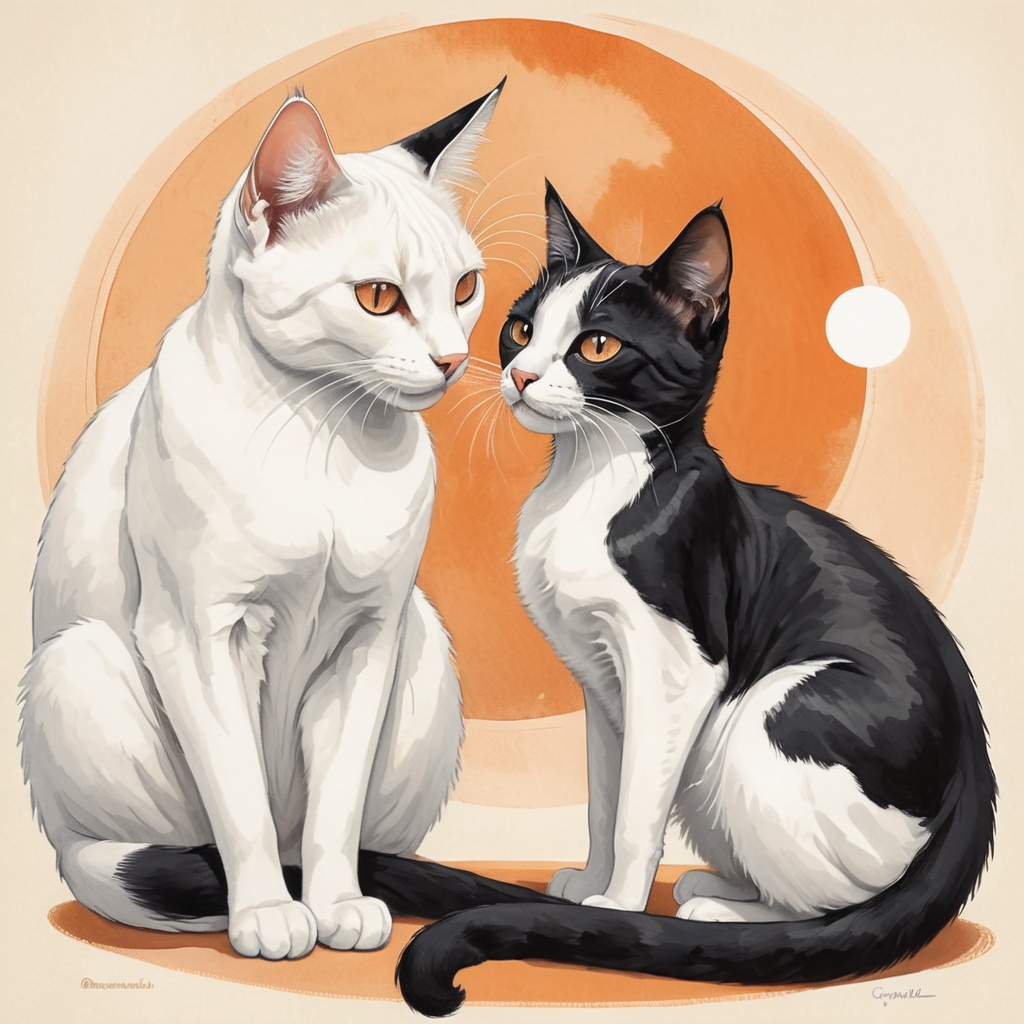 Two charming cats sit close together, their expressi...