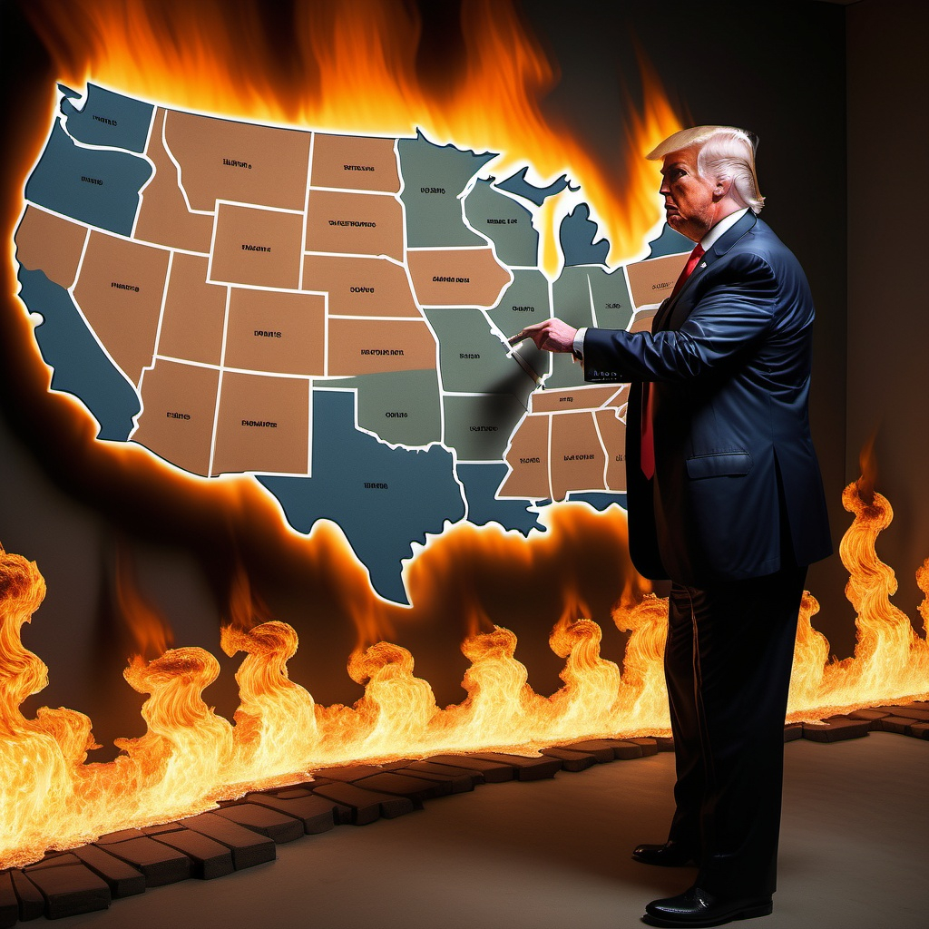 Donald Trump setting a large wall map of the United...