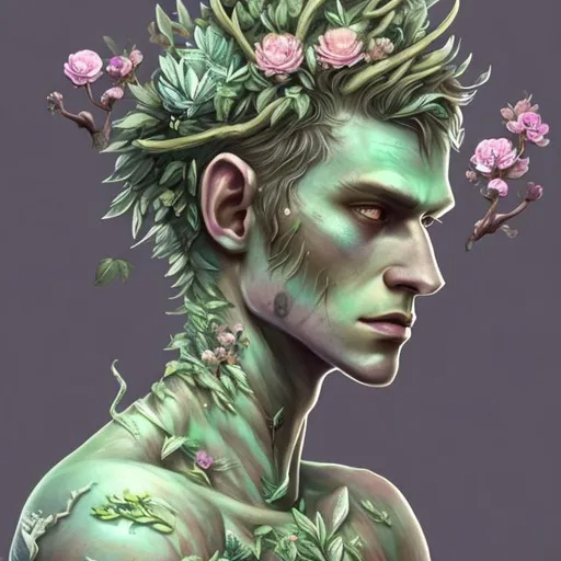 male dryad, pastel green skin, flowers growing from...