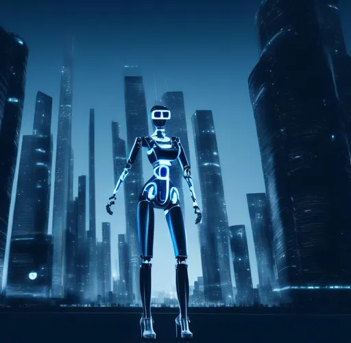 Full portait of a tall cyber female robot standing i...