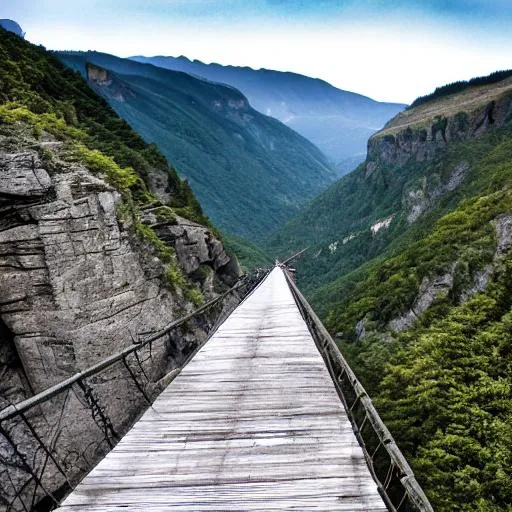 railway bridge that is really high up and over a dan... | OpenArt