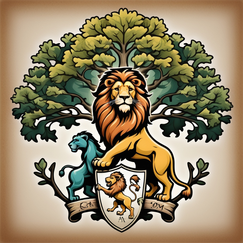 family crest, lion, oak tree, colors