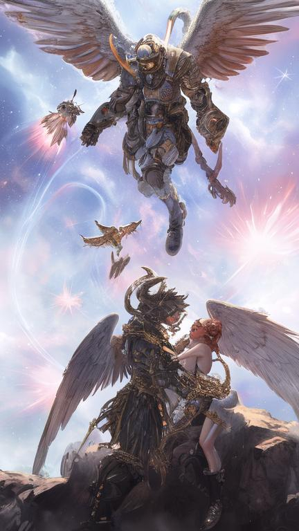 angels and demons fighting in space