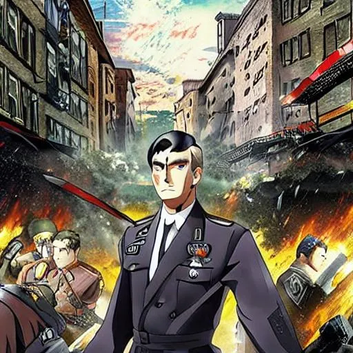 hitler as a anime in daylight with war at the back... | OpenArt