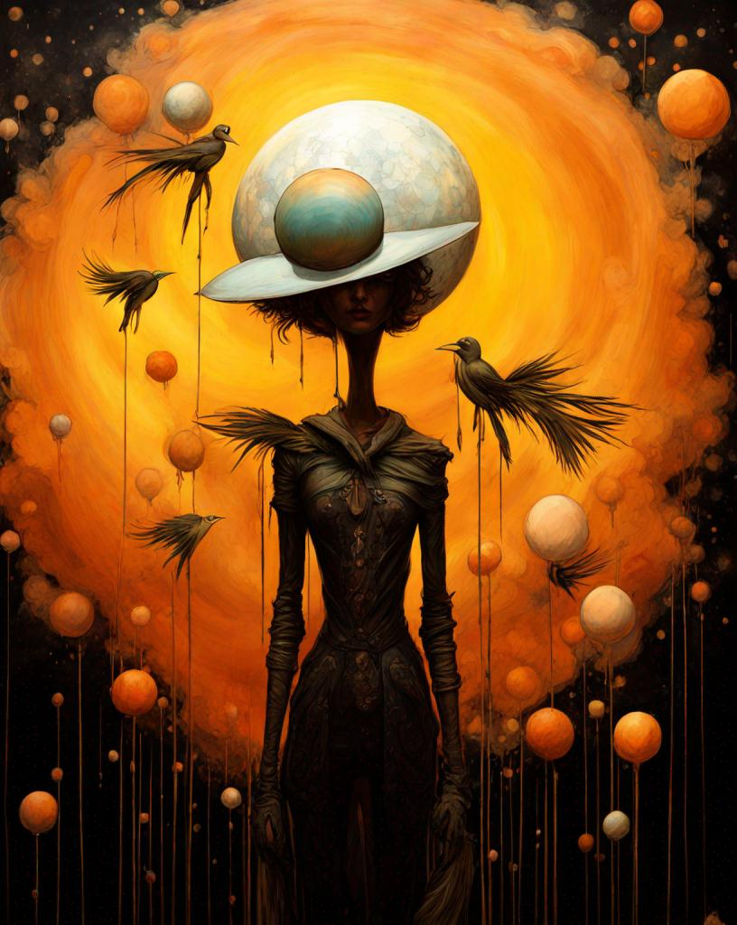 cosmic harvest moon: in the style of Arthur Rackham,...