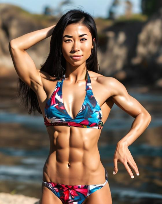 strong Asian female with washboard abs in bikini