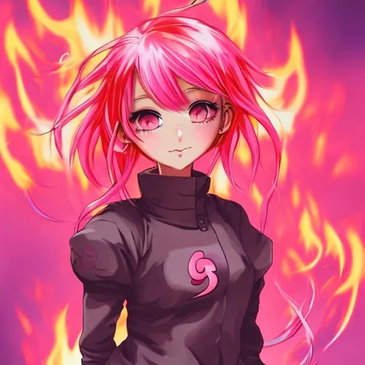 A cute anime girl with pink hair. Firey background.... | OpenArt