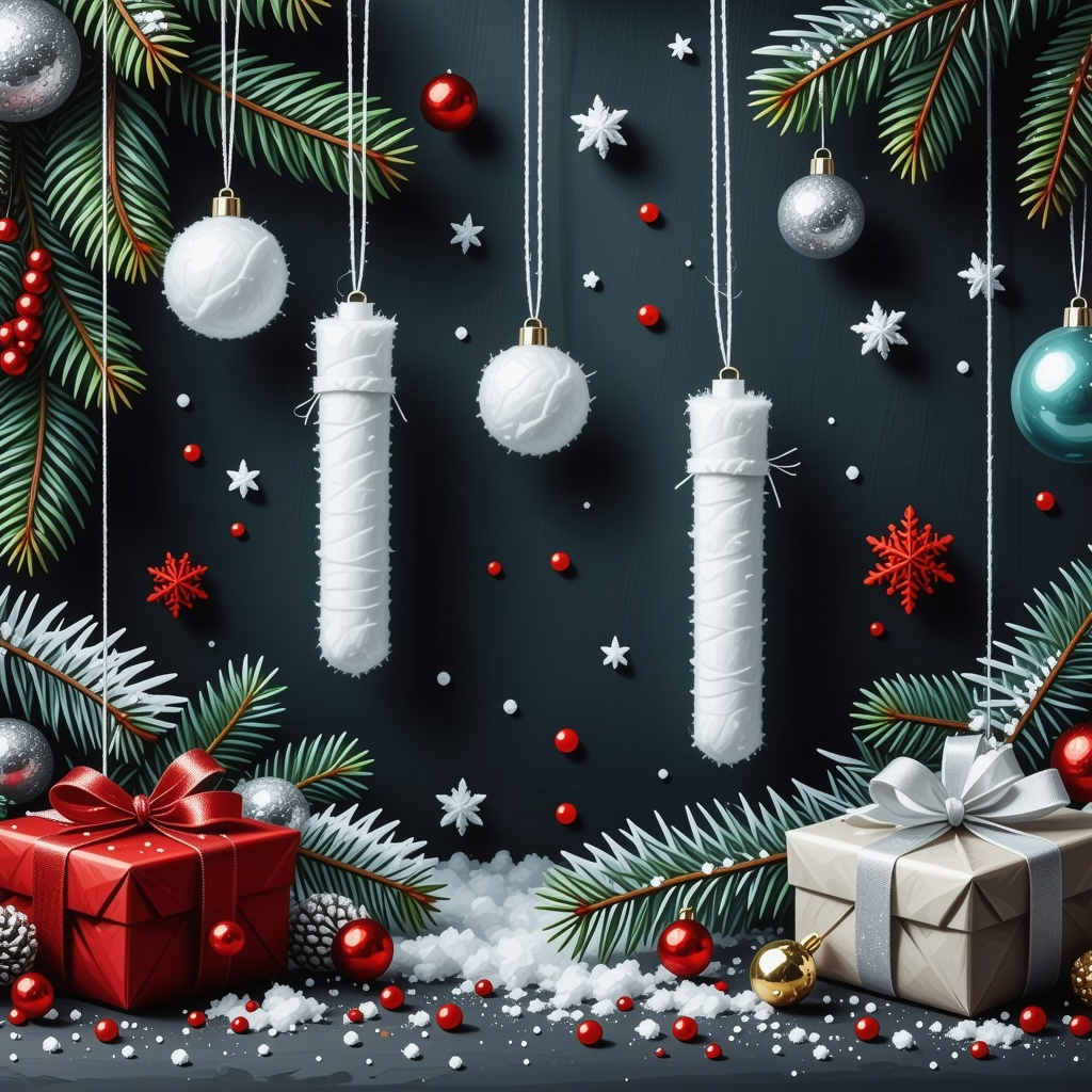 Christmas theme, white cotton tampons, silver metall...