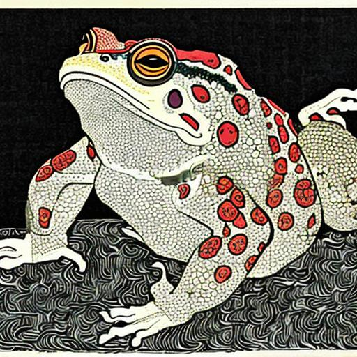 Toad, highly detailed, in the style of japanese wood...