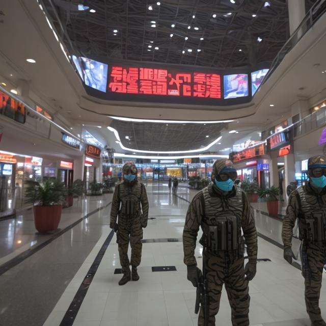 tiger security guards in a busy alien mall, widescre...