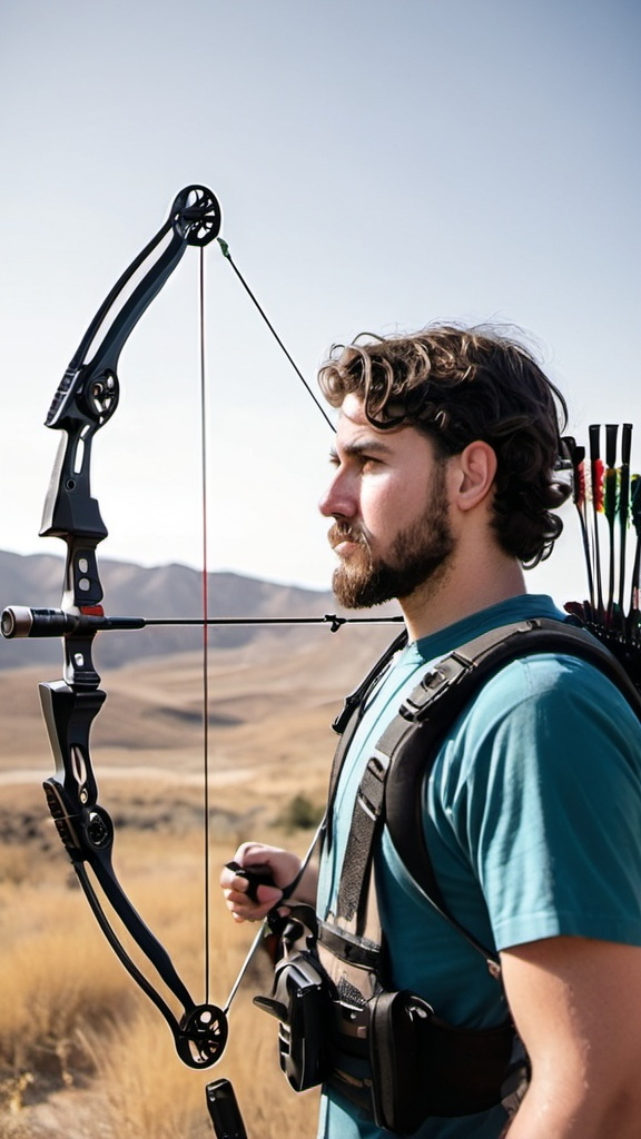 guy who has a compound bow that is in a landscape th...