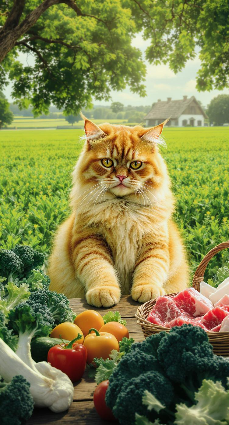 A fluffy orange-yellow cat with human-like posture a...