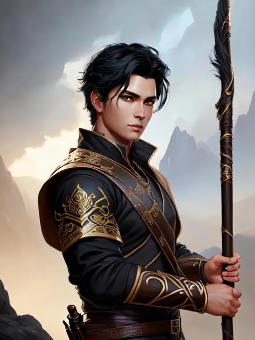 Portrait of a male ranger with black hair, holding a...