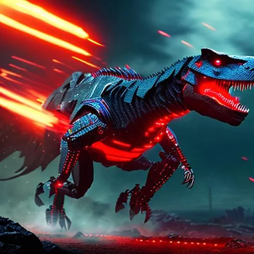 Robot dinosaur, Close-up, cyberpunk, war, explosion,... | OpenArt