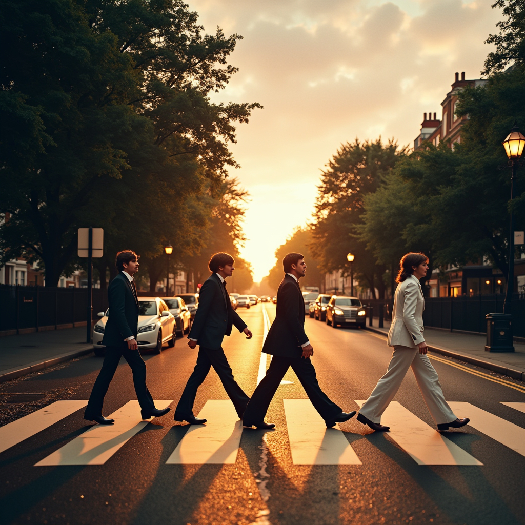 The Beatles crossing Abbey Road for one final time