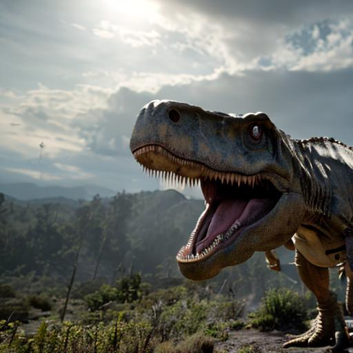 AN ENORMOUS T REX DINOSAUR ROARING ON A HIGH CLIFF H... | OpenArt