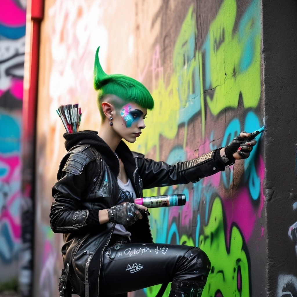A cyberpunk punk elf spray painting graffiti on a wall