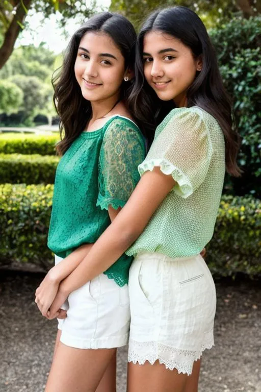 Two Girl 18yo, lesbian, green Lace Blouse, Linen Sho... | OpenArt