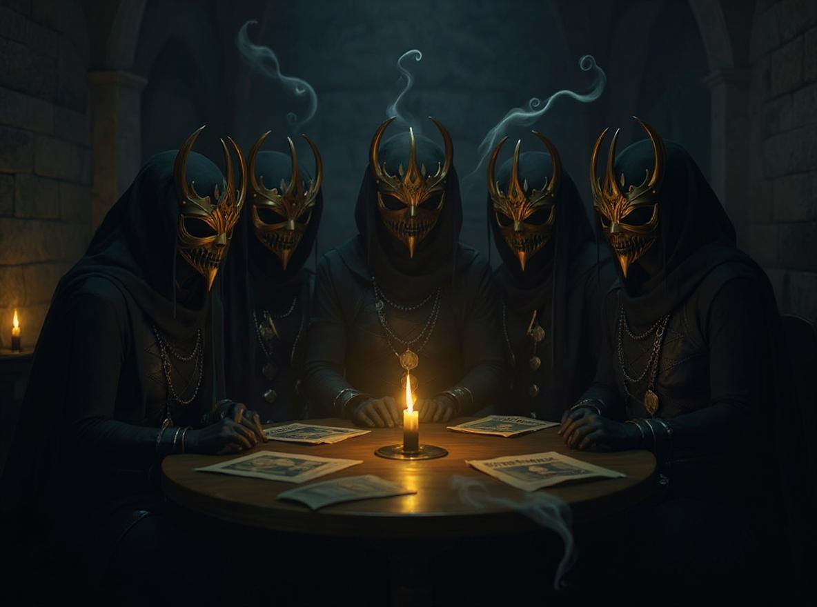 A group of fae who wear gold masks, gathered togethe...