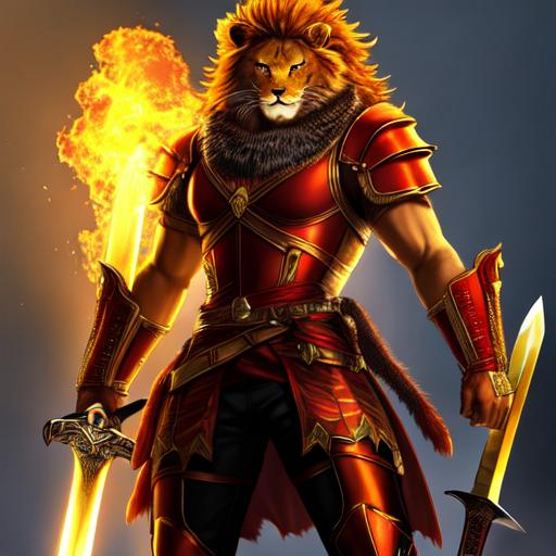 A feline lion-man with a fiery mane. He is standing...