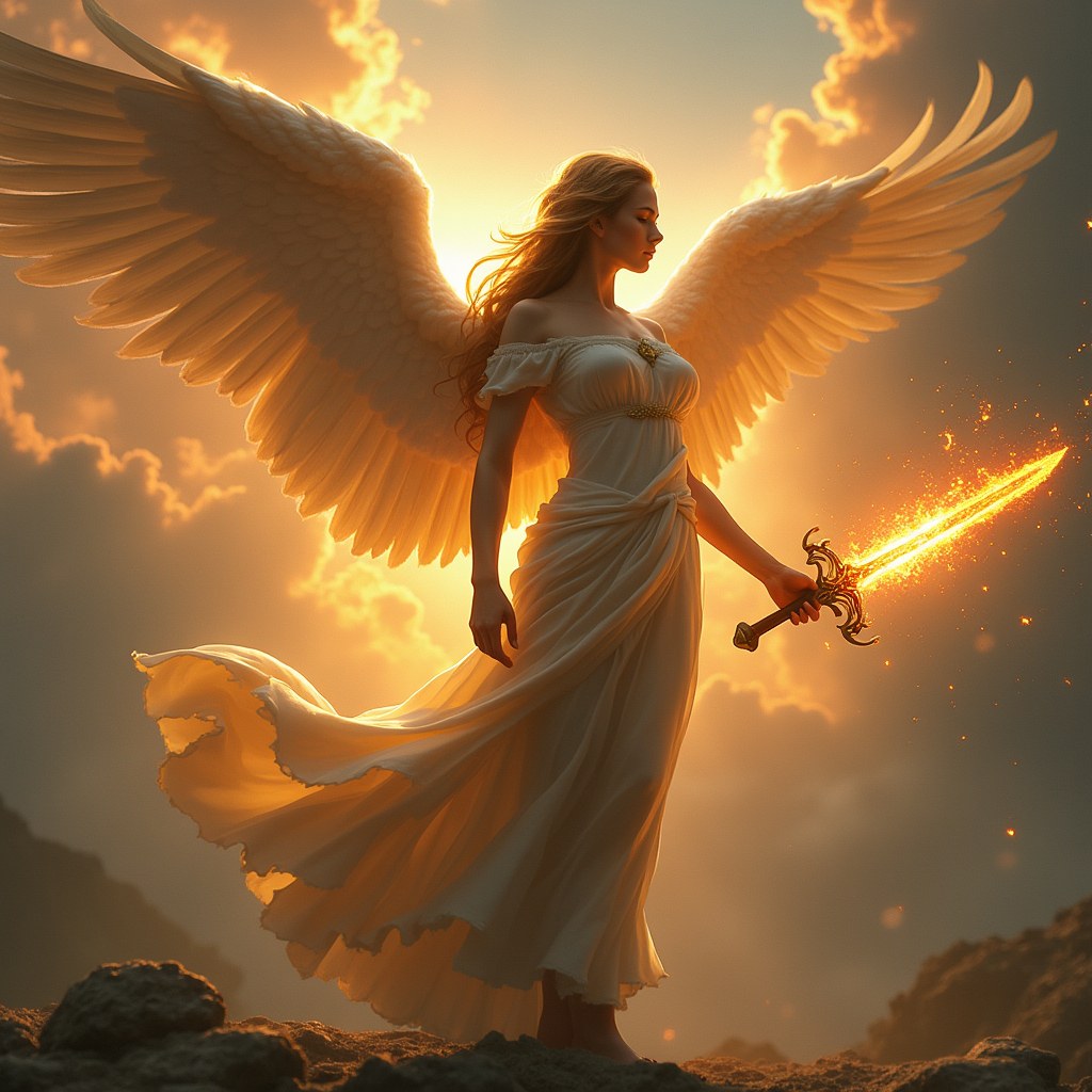 a angel with a flaming sword