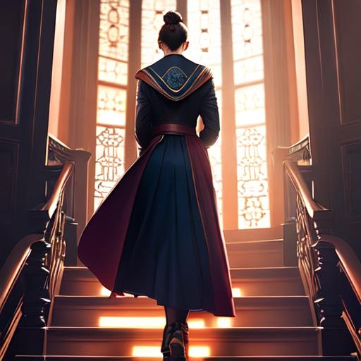 Female doctor strange, standing on a staircase, thig... | OpenArt