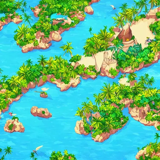 In a bird’s eye view of a tropical island in a 2d ar...