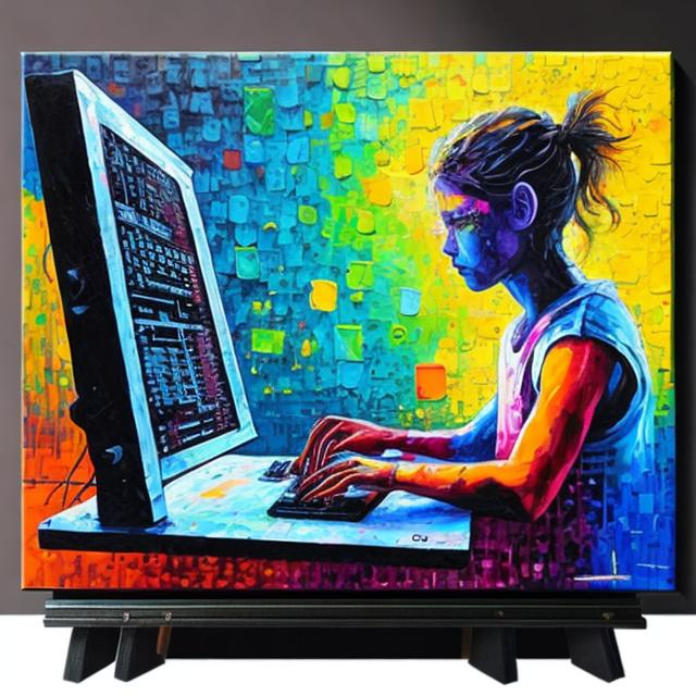 human painting 1s and 0s computer code on a canvas o...
