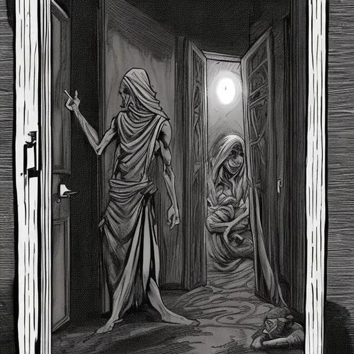 Very tall, alien peeking in bedroom window, black an... | OpenArt