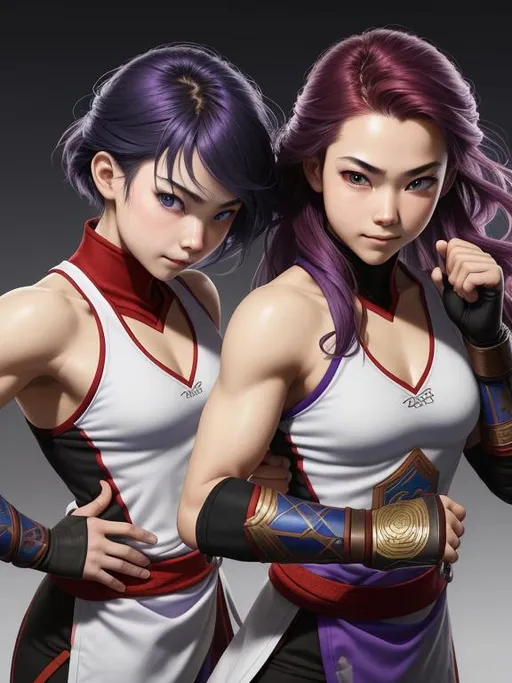 small flat nose, 16yo twins, intricate battle attire...