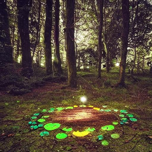 a fairy circle lies on the ground in an enchanted fo...