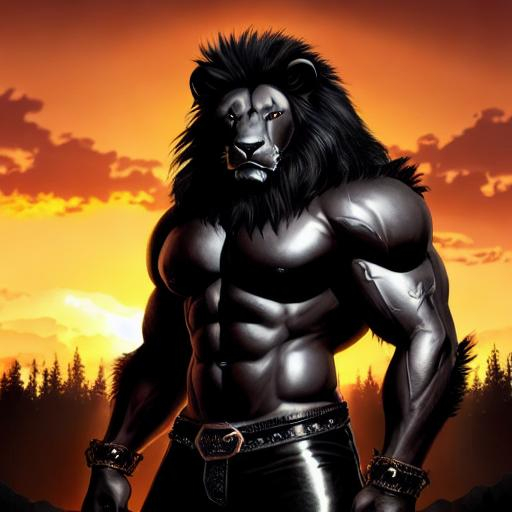 Hyperdetailed black lion man, muscular oversized lio...